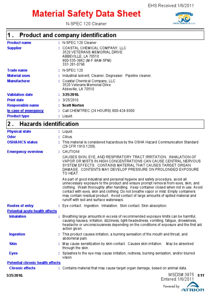 N Spec 120 Cleaner Data Sheet | PDF | Toxicity | Dangerous Goods