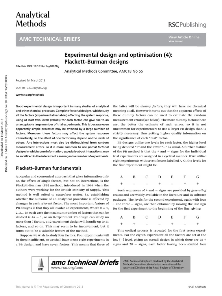 Experimental Design and Optimisation 4 Plackett Burman Designs 55 Tcm18 232212 | PDF ...