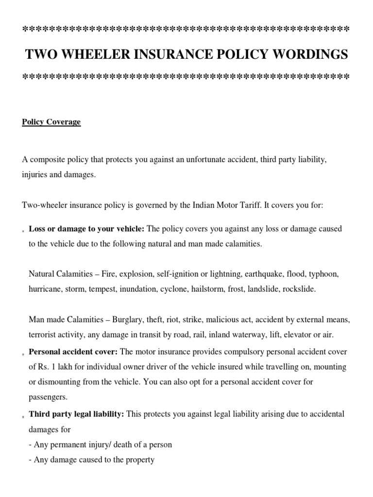 Two Wheeler Insurance Policy Wordings | PDF | Vehicle Insurance | Insurance