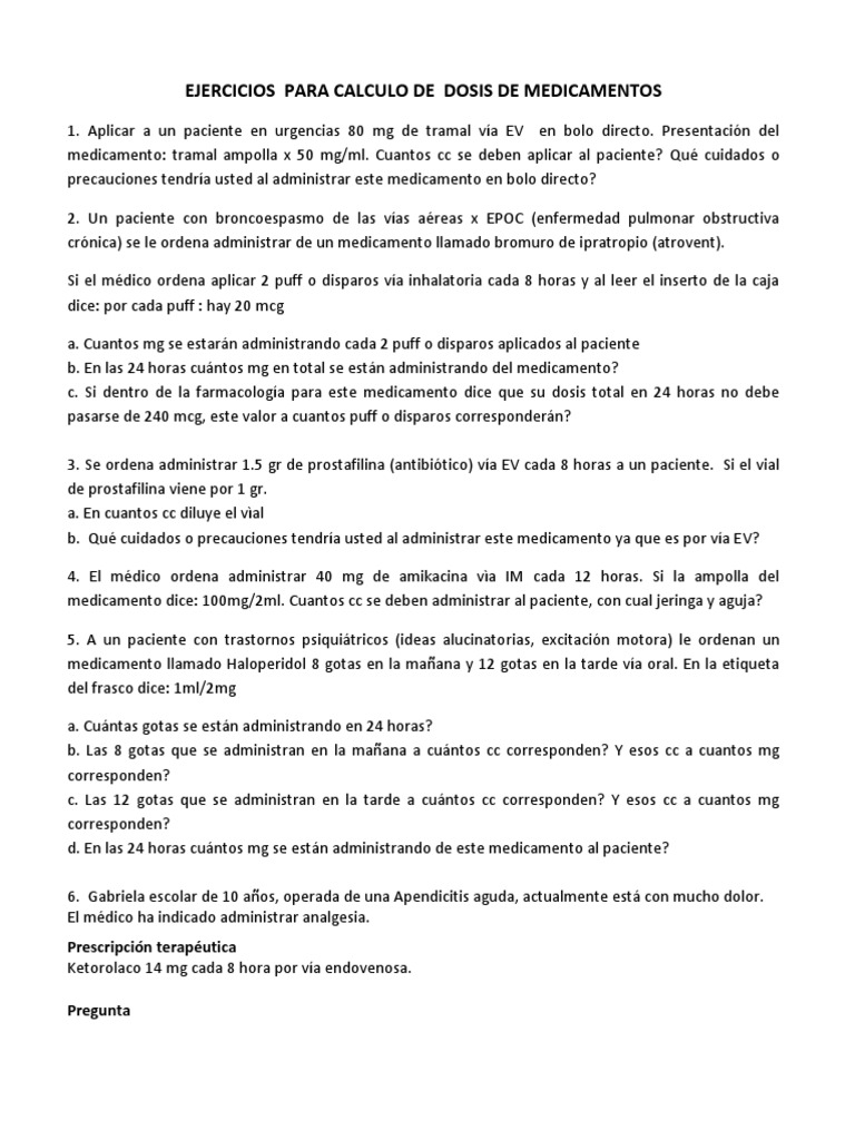 Ejercicios para Calculo de Dosis de Medicamentos 1 | PDF | Medicamentos ... Ejercicios para Calculo de Dosis de Medicamentos 1 | PDF | Medicamentos ...