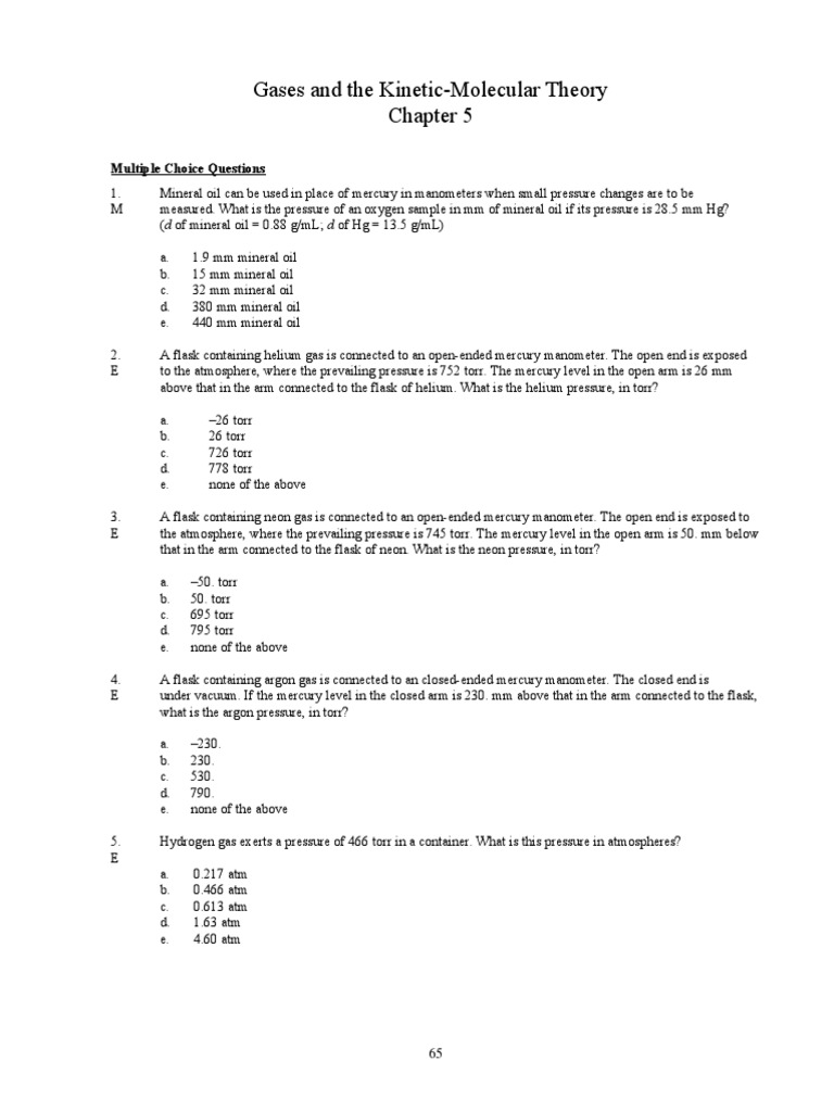 Analysis of Gas Laws and Properties: Multiple Choice Questions from a ...