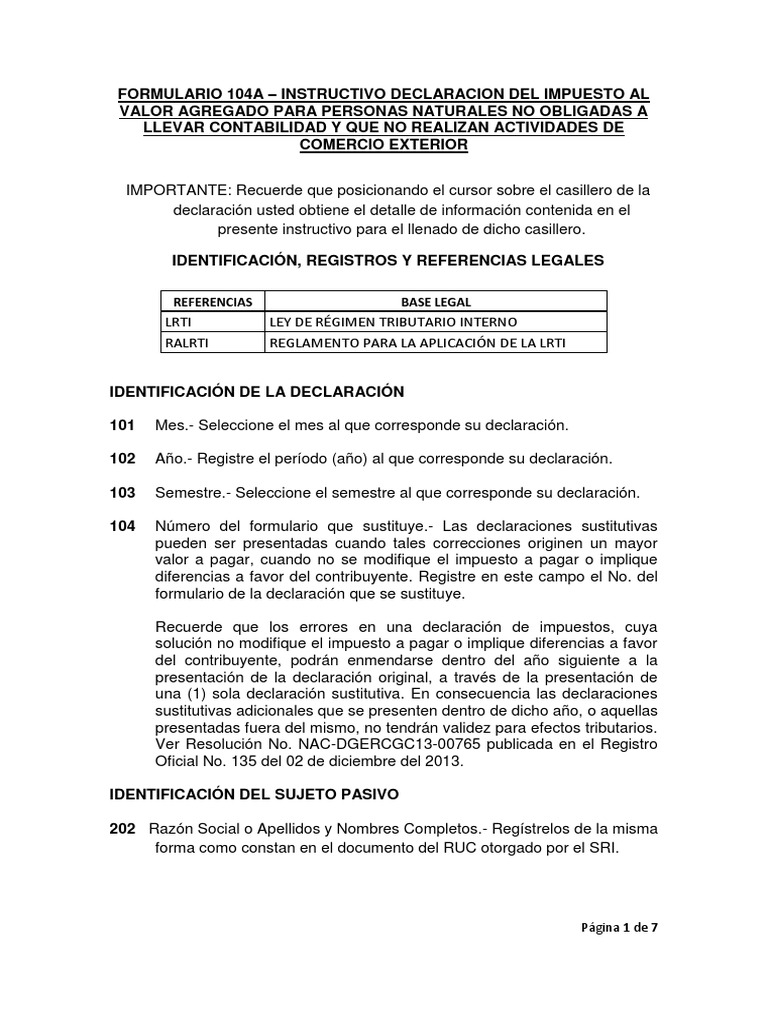 Instructivo Formulario 104A | PDF | Impuesto al valor agregado | Impuestos