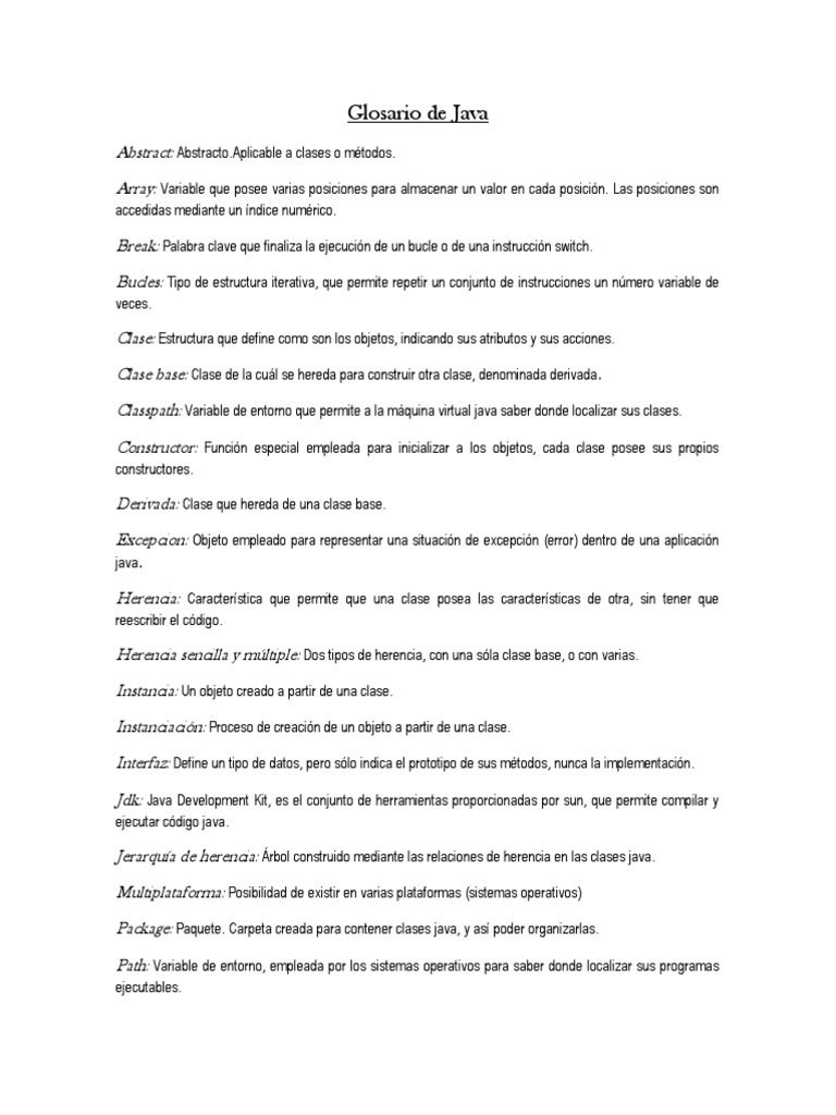 Glosario Básico de Java | PDF | Java (lenguaje de programación) | Herencia (Programación ...