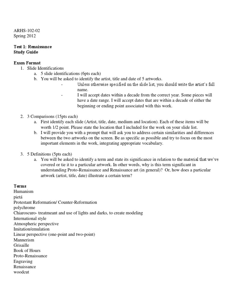 Art Survey II, Study Guide Test 1 | PDF | Italian Renaissance | Renaissance