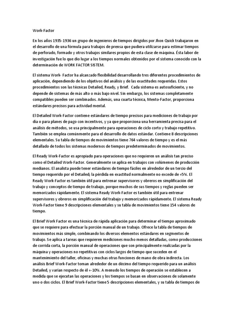 Los sistemas Work-Factor y sus técnicas para medir y estimar tiempos de trabajo | PDF ...