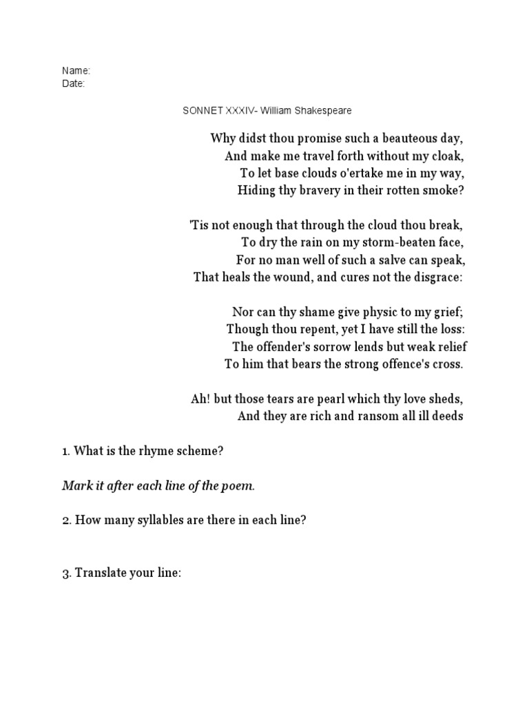Shakespeare's Sonnet XXXIV Analysis | PDF | British Poems | Rhetoric