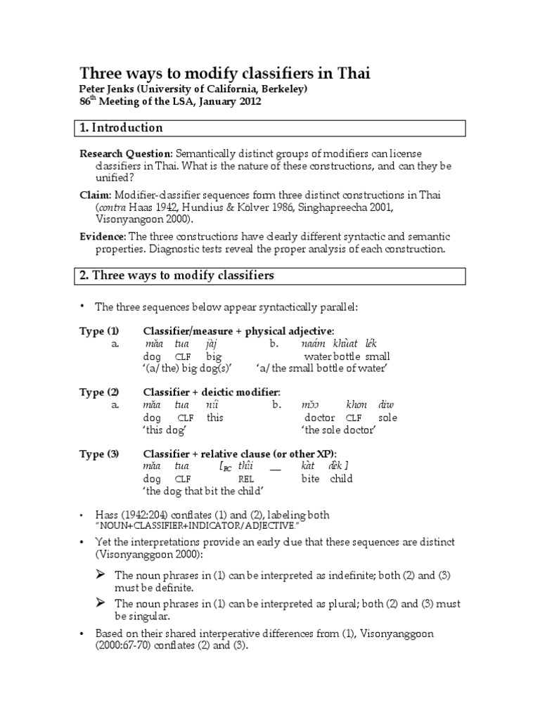 Three Ways To Modify Classifiers in Thai | PDF | Adjective | Noun