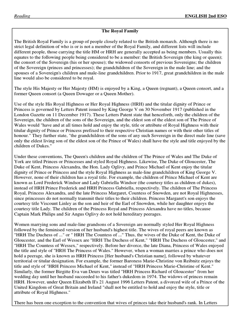 Reading English 2Nd Eso: The Royal Family | PDF | House Of Windsor ...