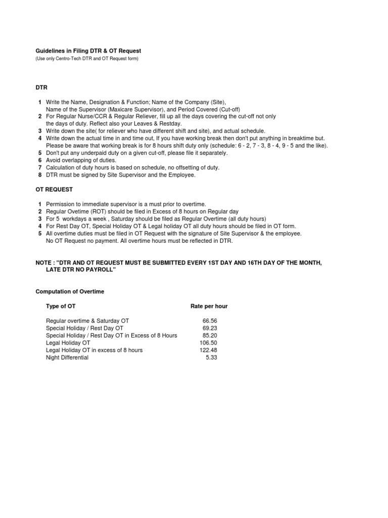 Use Only Centro-Tech DTR and OT Request Form | PDF