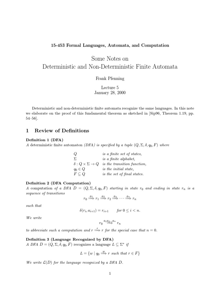 Some Notes On Deterministic And Non Deterministic Finite Automata By Frank Pfenning Pdf