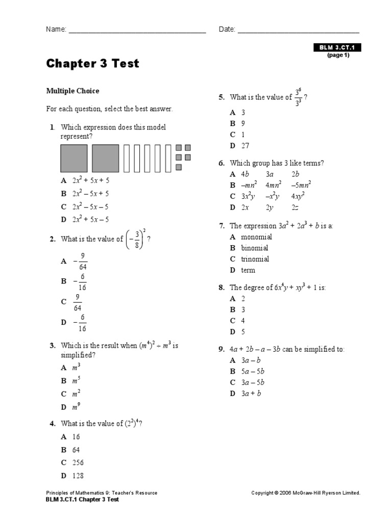 Chapter 3 Test: For Each Question, Select The Best Answer. 3 3 ? | PDF ...