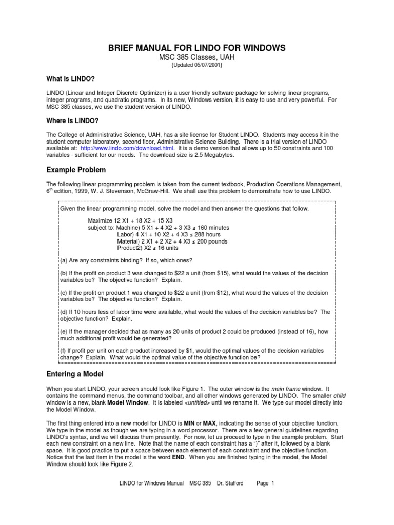Manual Lindo | PDF | Linear Programming | Mathematical Optimization