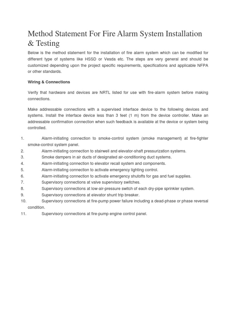 Method Statement For Fire Alarm System Installation Testing And