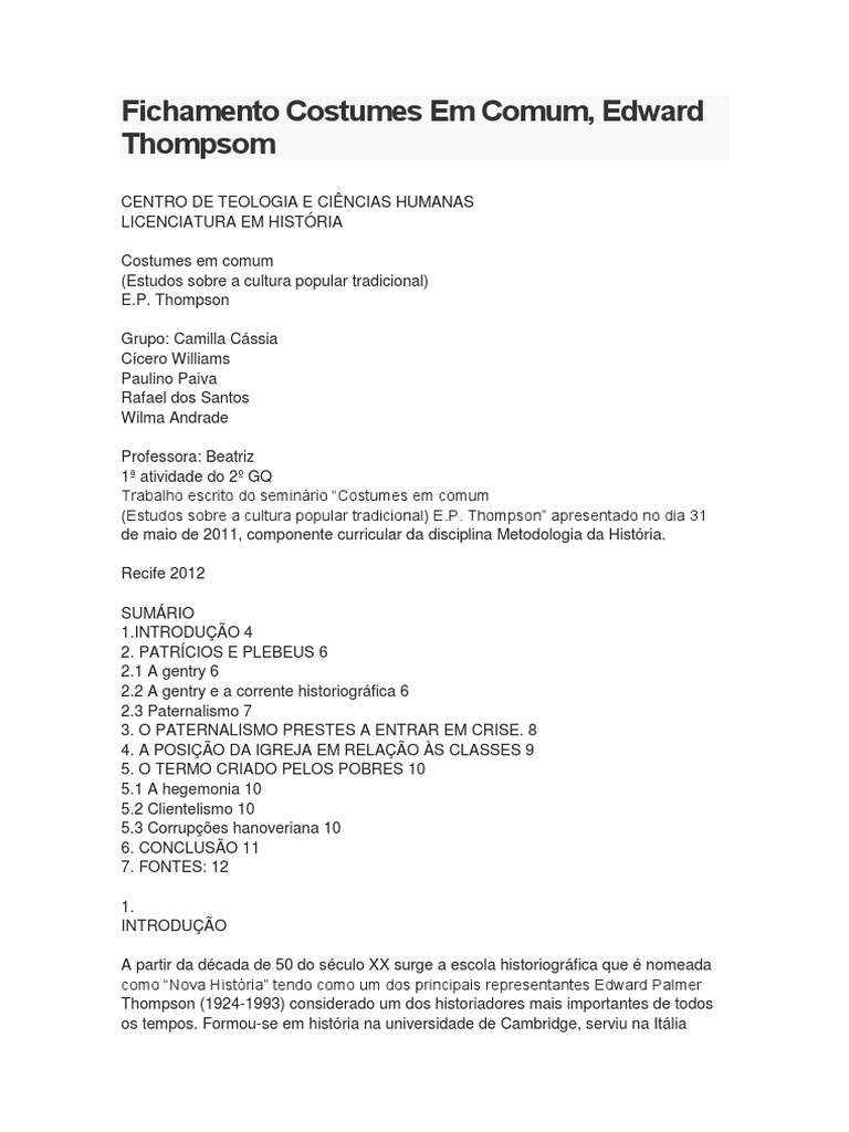 Fichamento Costumes em Comum | PDF | Karl Marx | Historiografia