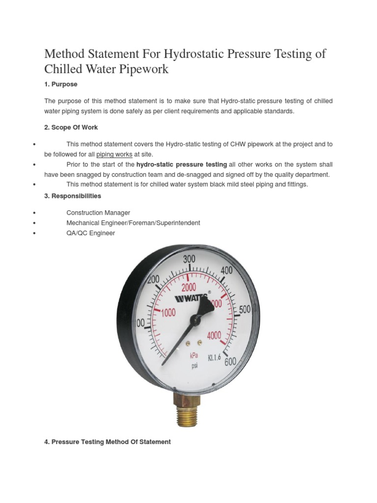 Hydrostatic Pressure Test Method Statement | PDF | Pipe (Fluid ...