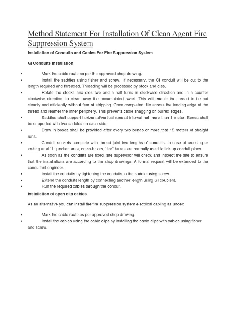 Method Statement for Installation of Clean Agent Fire Suppression System | Pipe (Fluid ...