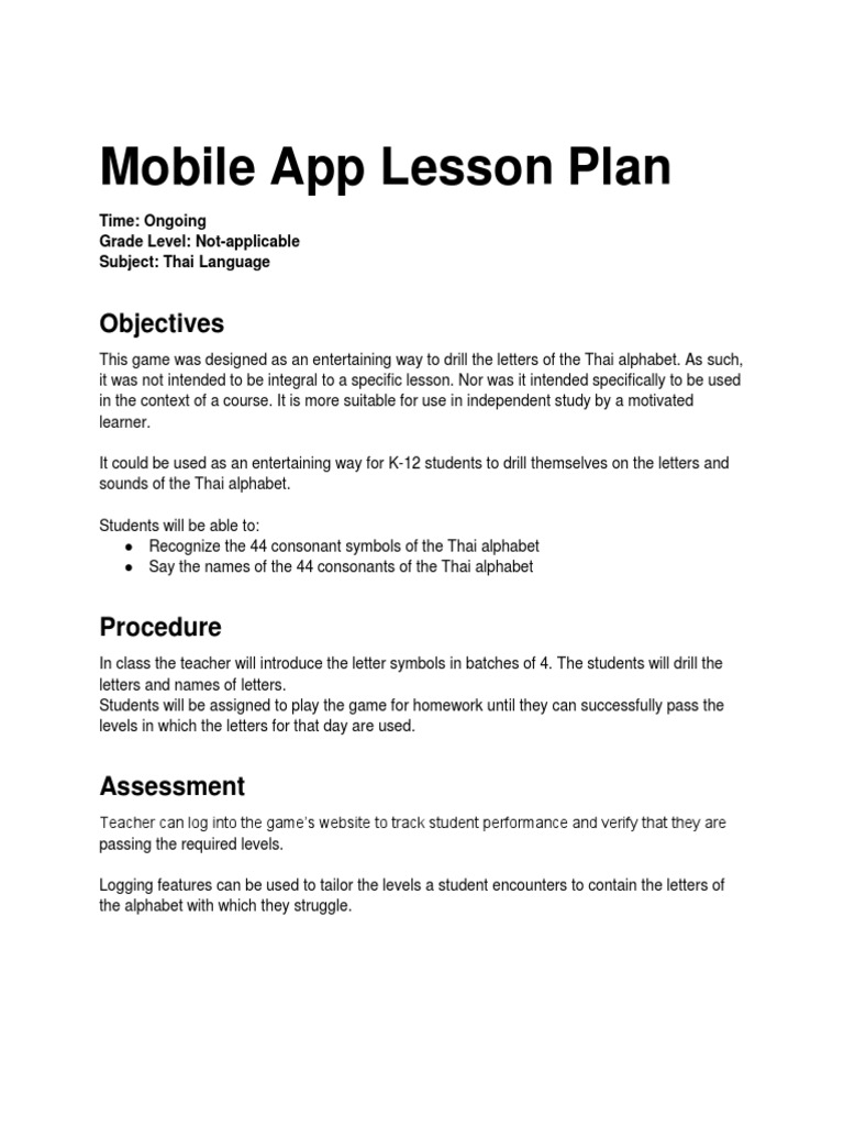 Thai Alphabet Mobile App Lesson Plan | PDF
