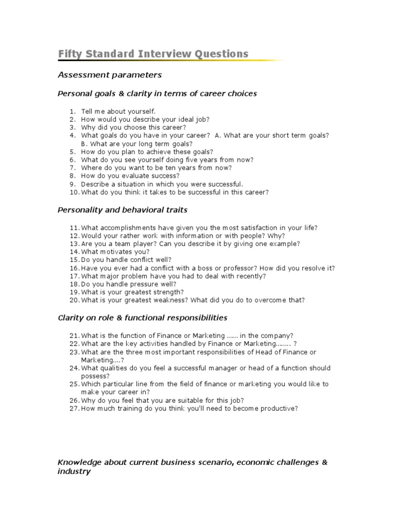 Fifty Standard Interview Questions: Assessment Parameters | PDF ...