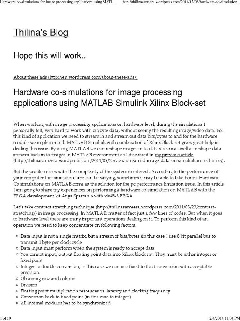 Hardware Co Simulations For Image Processing Applications Using Matlab Simulink Xilinx Block Set