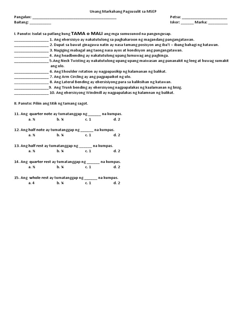 Unang Markahang Pagsusulit Sa MSEP | PDF