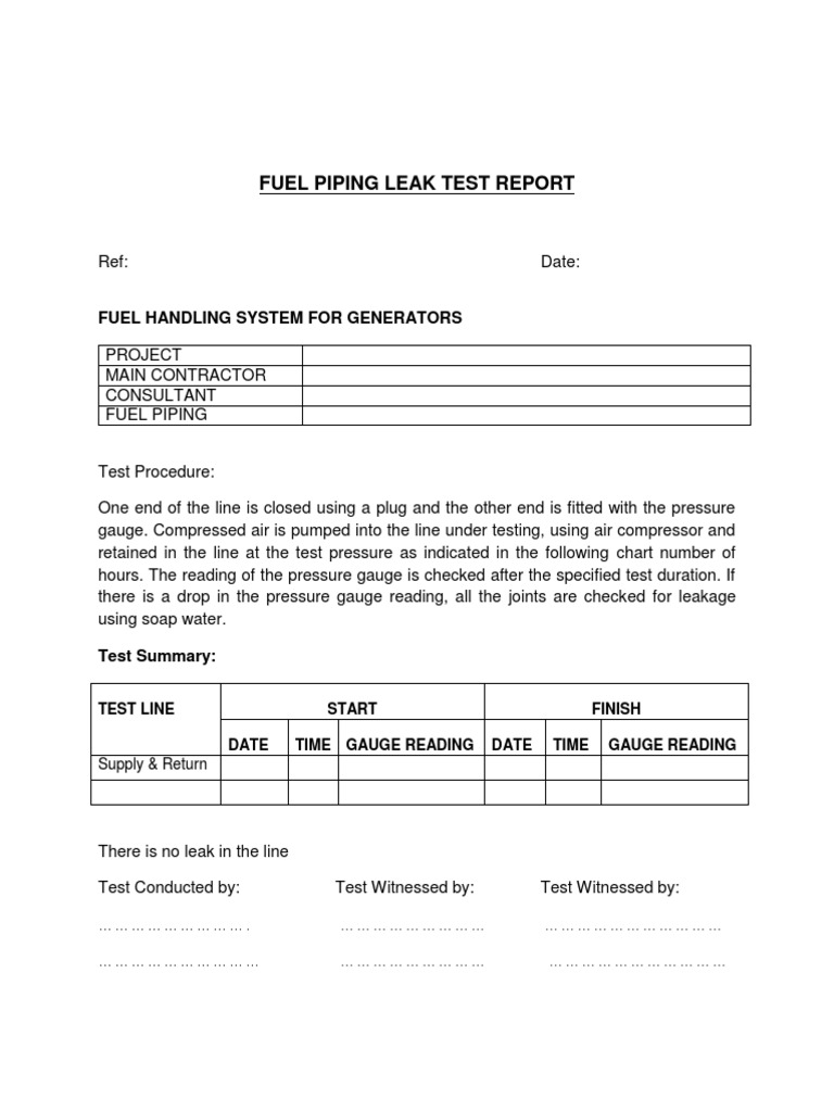 Fuel Piping Leak Test Report | PDF | Leak | Manufactured Goods