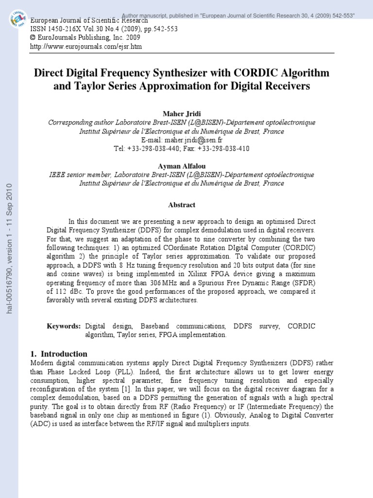 Direct Digital Frequency Synthesizer With CORDIC Algorithm | Download Free PDF | Sine | Phase ...