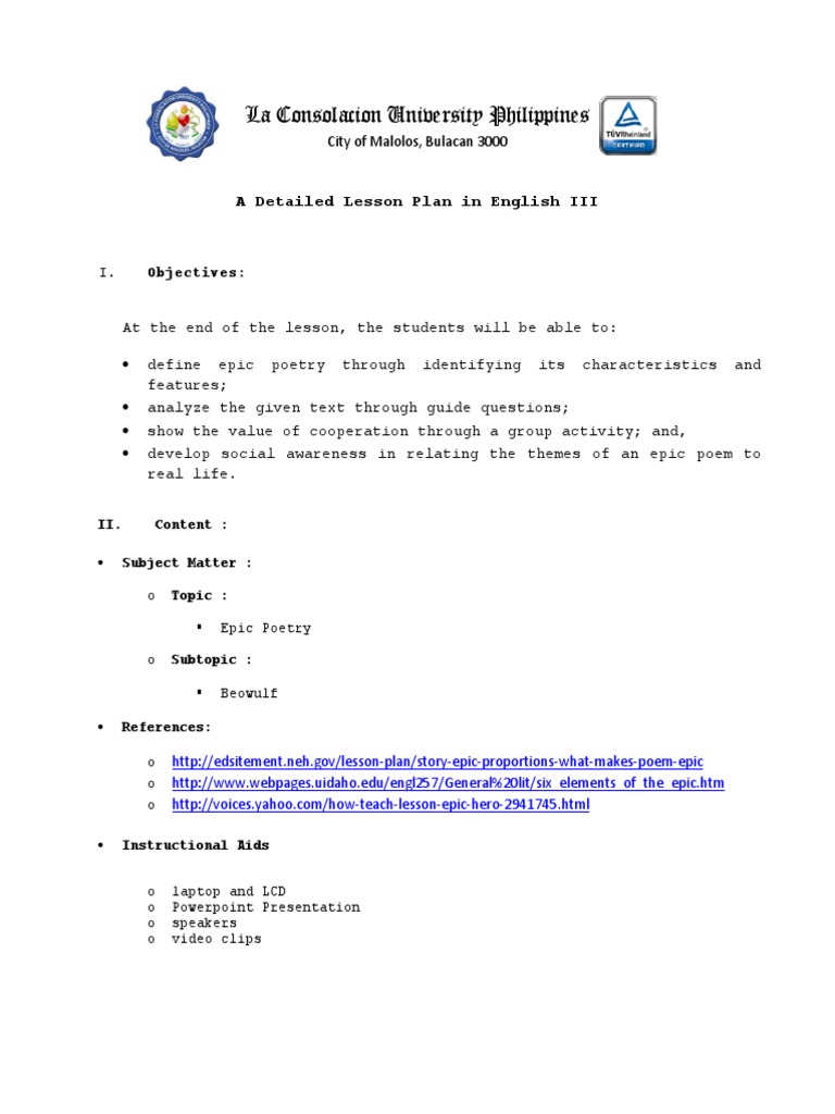 Detailed Lesson Plan in English III | PDF | Beowulf | Epic Poetry