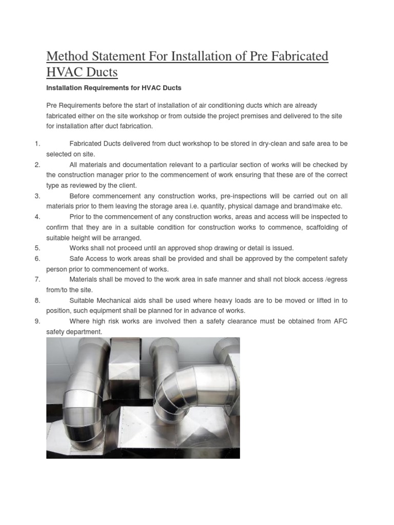 Method Statement For Installation of Pre Fabricated HVAC Ducts | PDF | Duct (Flow) | Building