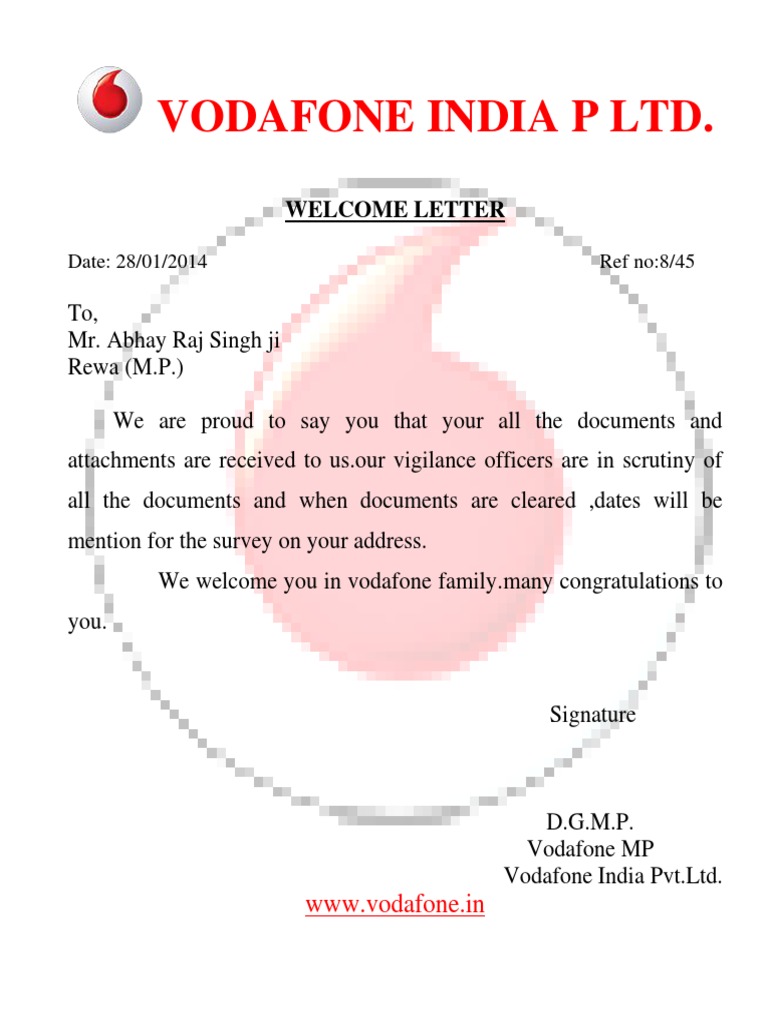 Vodafone India P LTD Welcome Letter | PDF | Security | Government