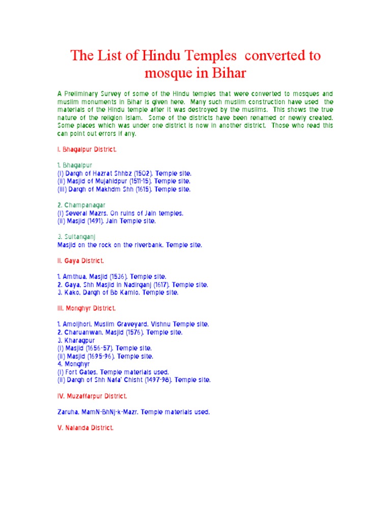 The List of Hindu Temples Converted To Mosque in Bihar | PDF ...