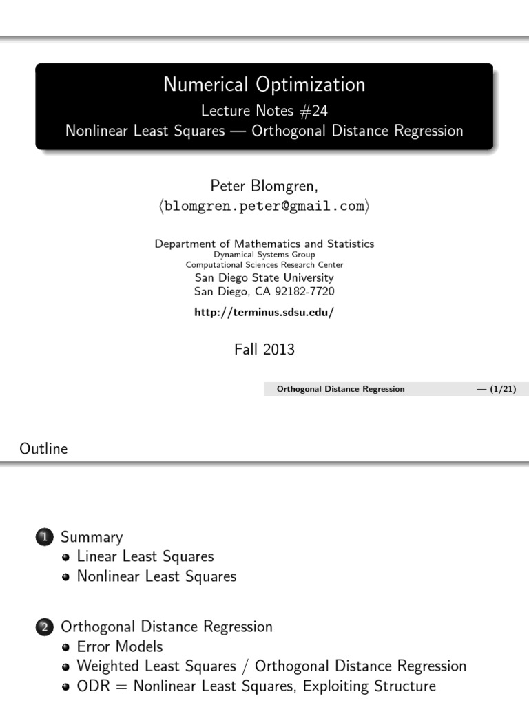 Numerical Optimization Lecture Notes 24 Nonlinear Least Squares Orthogonal Distance
