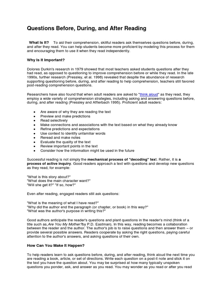 Questions Before Comprehension | PDF | Reading Comprehension | Reading ...
