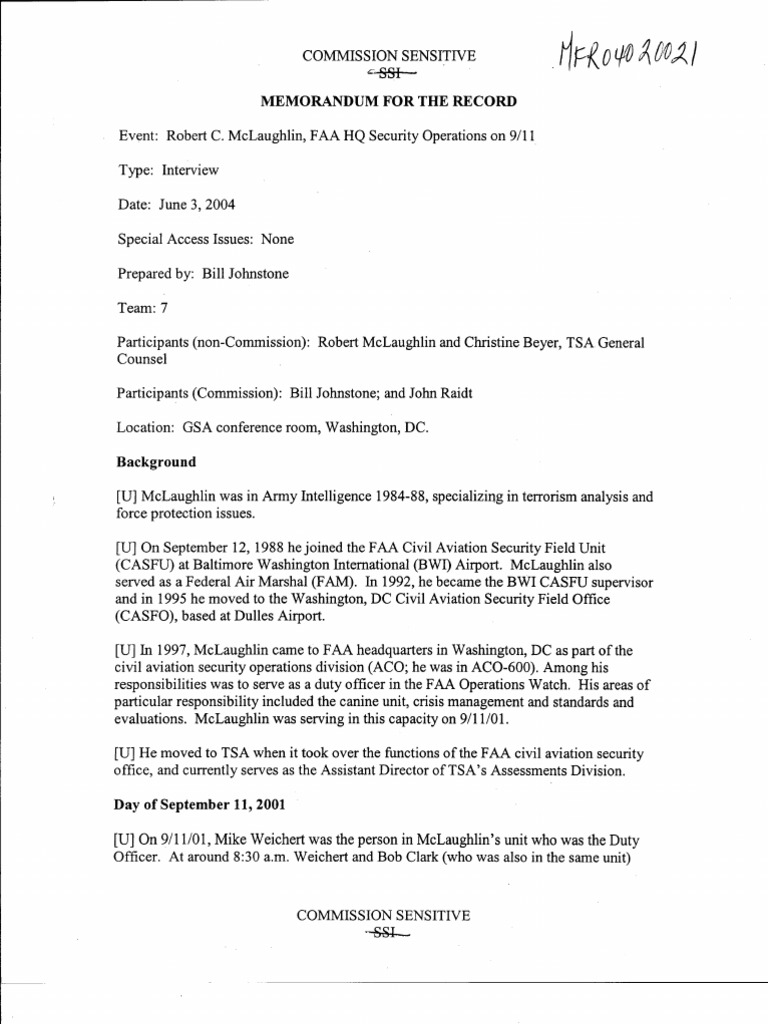 Memorandum For The Record | Federal Aviation Administration | September ...