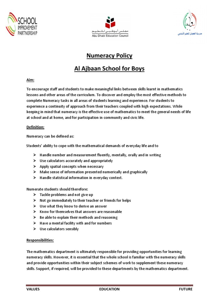 Numeracy Policy for Al Ajbaan School | PDF | Teaching Mathematics ...