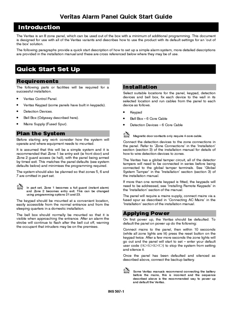 Veritas Alarm Panel Setup Guide | PDF | Manufactured Goods | Equipment