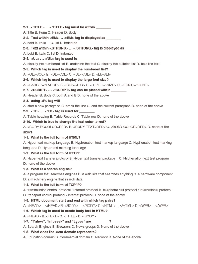 HTML Multiple Choice Questions | PDF | Html | Html Element
