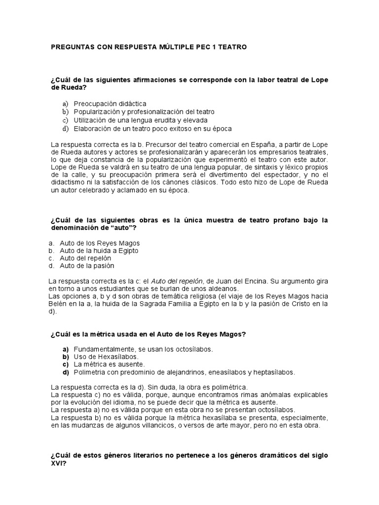 Preguntas Respuesta Multiple Pec 1 Teatro | PDF | Teatro | Comedia
