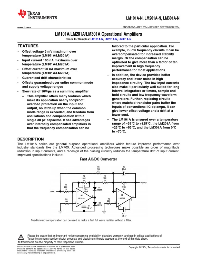 LM101 Opamp | PDF | Amplifier | Operational Amplifier