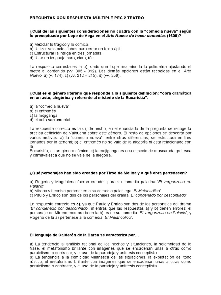 Preguntas Respuesta Multiple Pec 2 Teatro | PDF | Comedia | Teatro