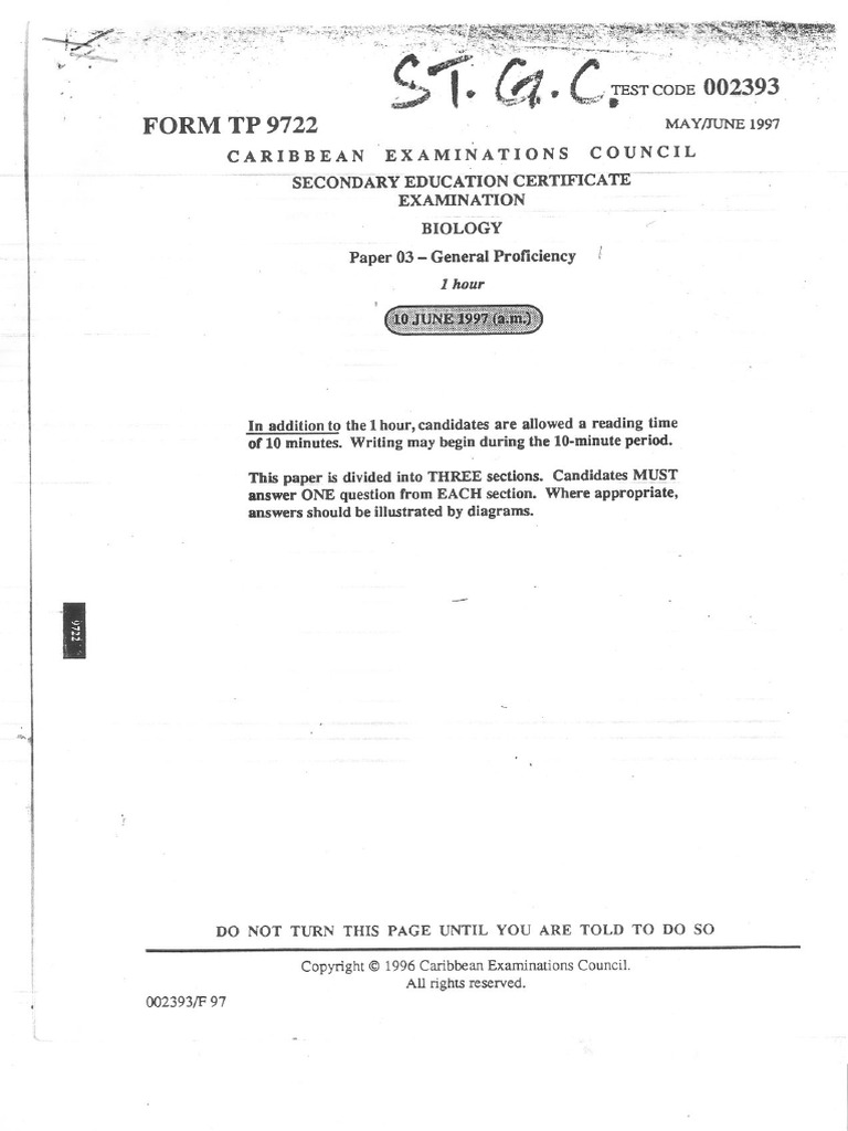 CSEC - Biology - May June 1997 Paper 3 | PDF