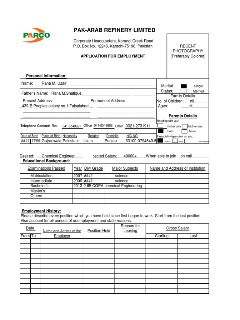 Pak-Arab Refinery Limited: Application For Employment | PDF | Pakistan ...