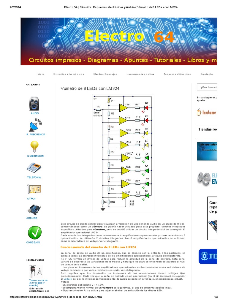 Electro 64 - Circuitos, Esquemas Electrónicos y Arduino - Vúmetro de 8 LEDs Con LM324 | PDF ...