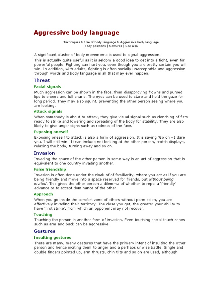 Understanding Aggressive Body Language | PDF | Body Language | Gesture