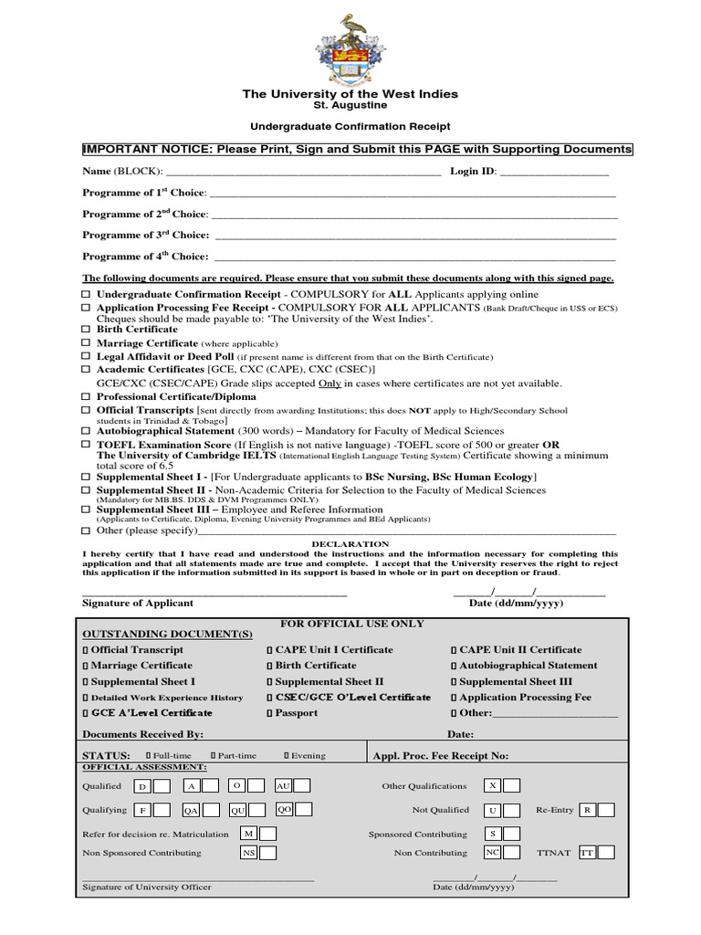 Sta.uwi.Edu Admissions UG Confirmation Receipt 2013 | Undergraduate ...