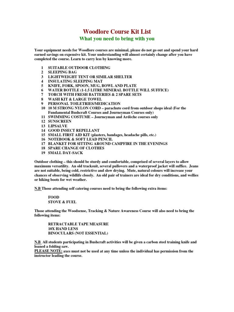 Ray Mears Kit List | PDF | Clothing | Equipment