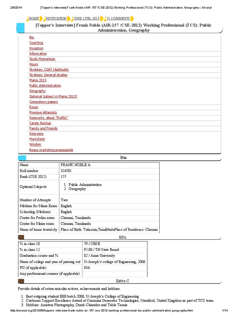 (Topper's Interview) Frank Noble (AIR-157 - CSE-2012) Working ...