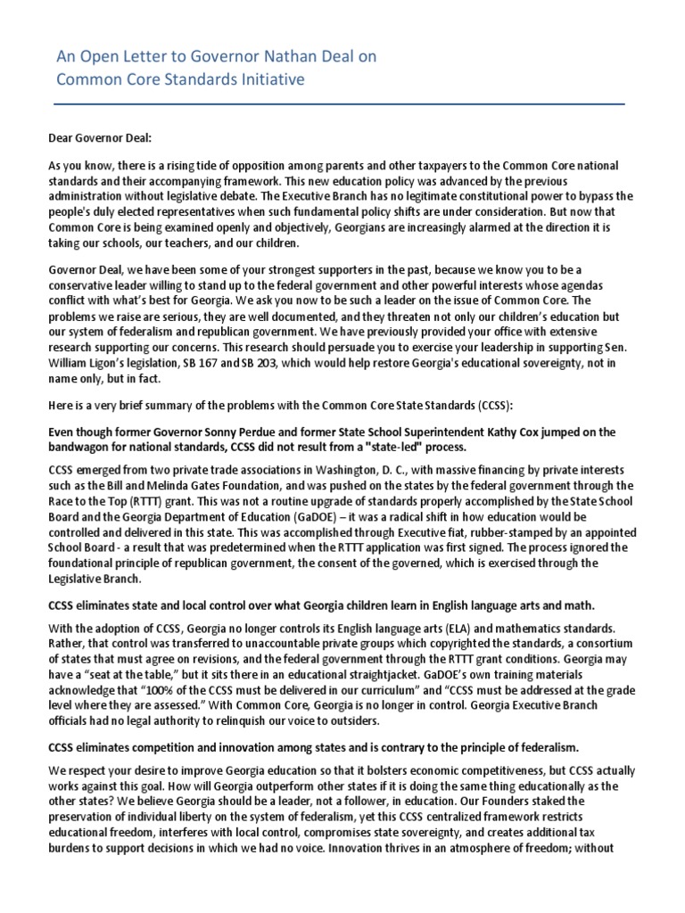Open Letter To Ga. Gov. Nathan Deal - Common Core | PDF | Race To The ...