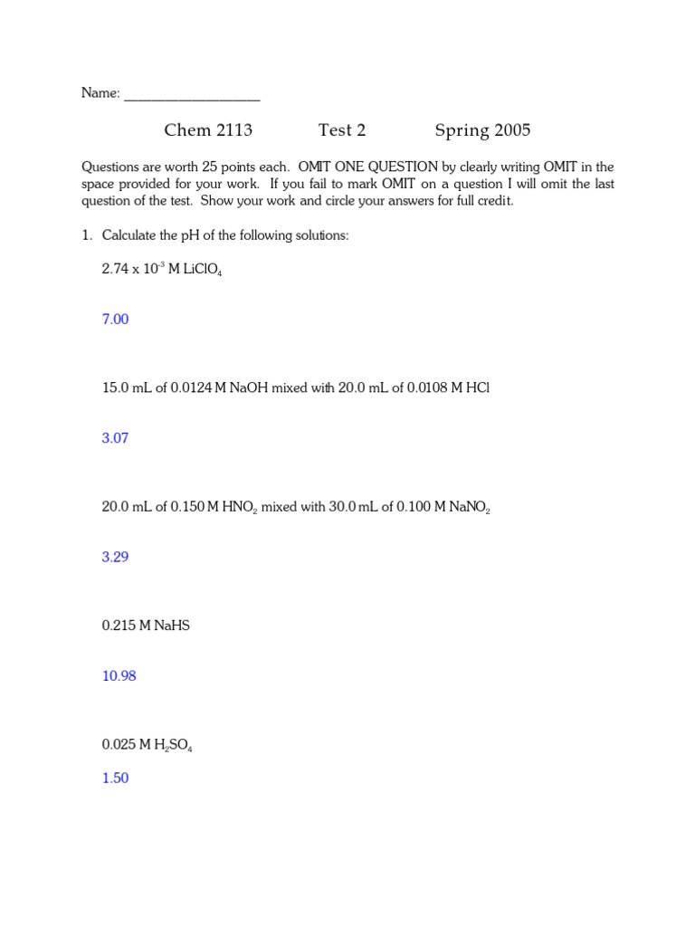 Test 2 Spring 2005 (Acid & Base Titrations) | PDF | Titration | Chemistry