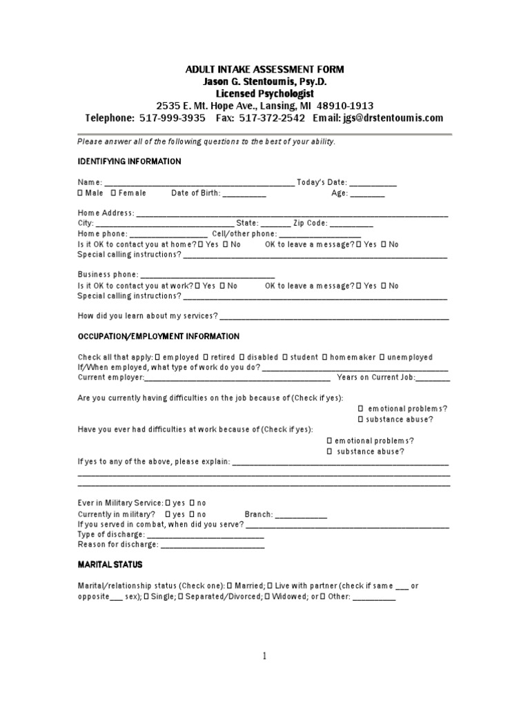 Adult Intake Assessment Form | Substance Abuse | Urinary Incontinence