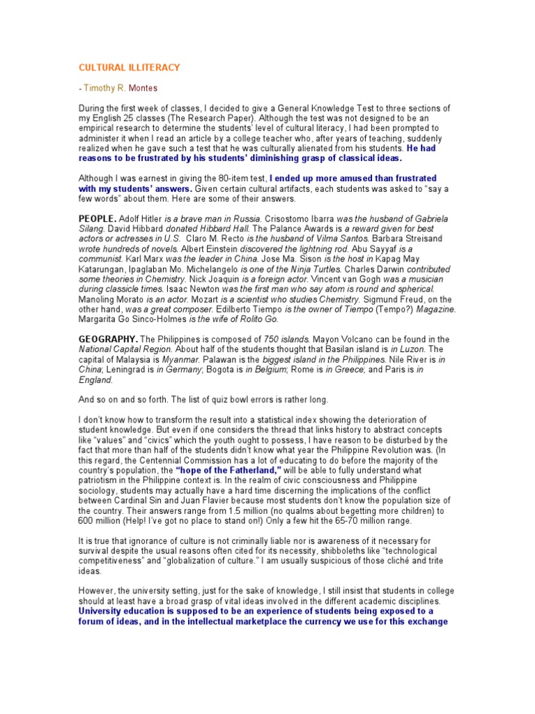 Cultural Illiteracy - Timothy R. Montes | PDF | Literacy | Philippines